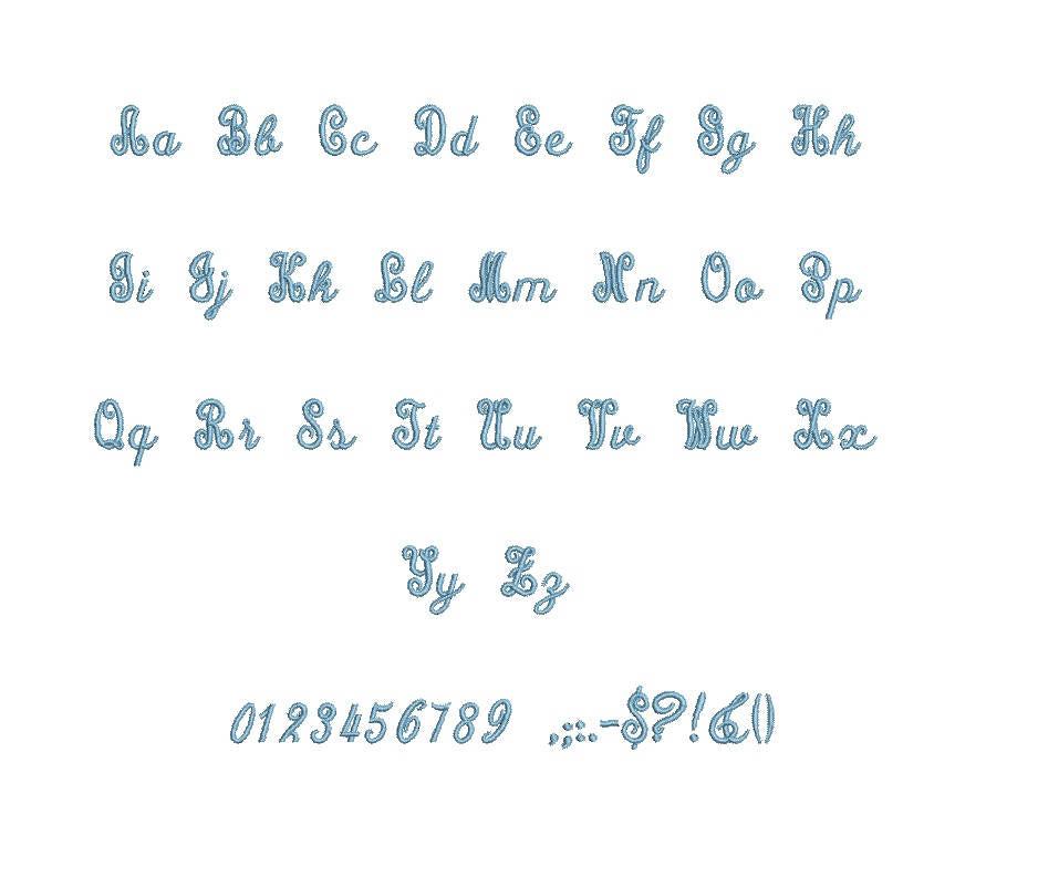 Upright Script embroidery BX font Sizes 0.25 (1/4), 0.50 (1/2), 1, 1.5 ...